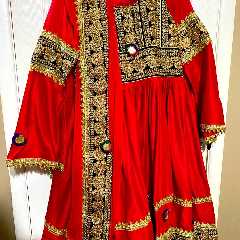 Red Afghan Dress With Matching Pants And Scarf - Gem